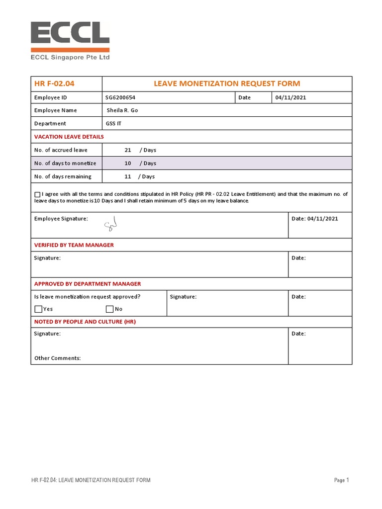 HR F-02.04 Leave Monetization Request Form | PDF