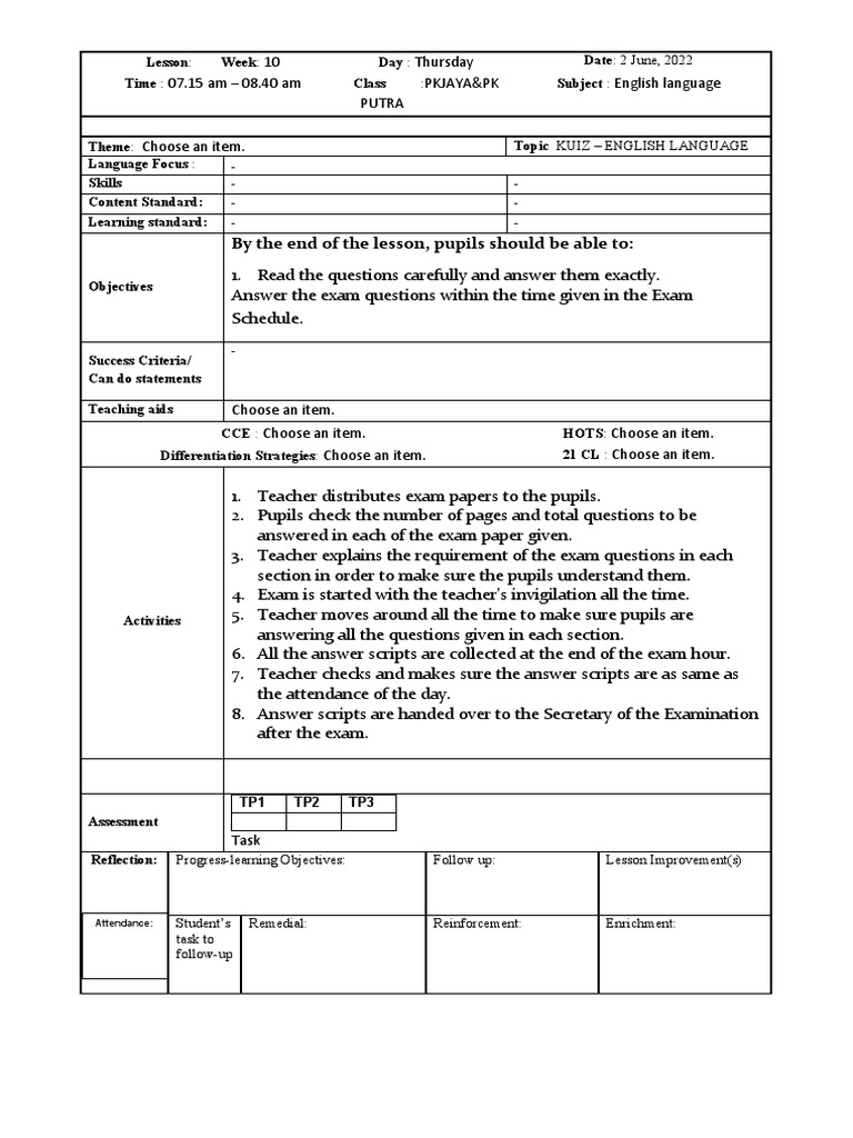 Kuiz Lesson Plan - Bi 2 June 2022 | PDF | Test (Assessment) | Teachers