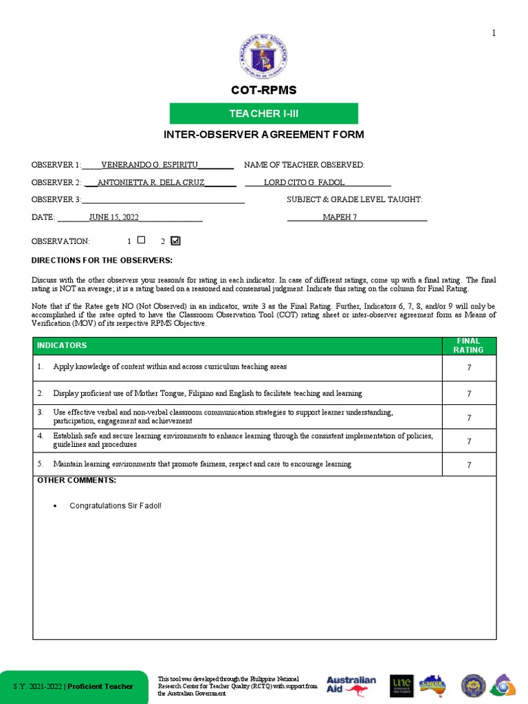COT1 RPMS Inter Observer Agreement Form | PDF | Learning | Cognitive ...