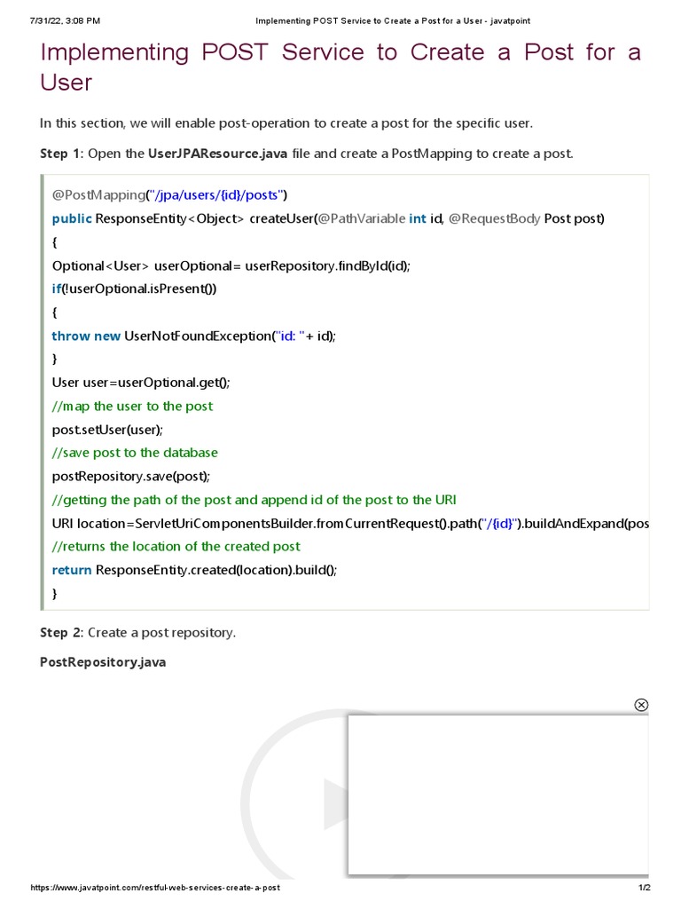 Implementing POST Service To Create A Post For A User | PDF