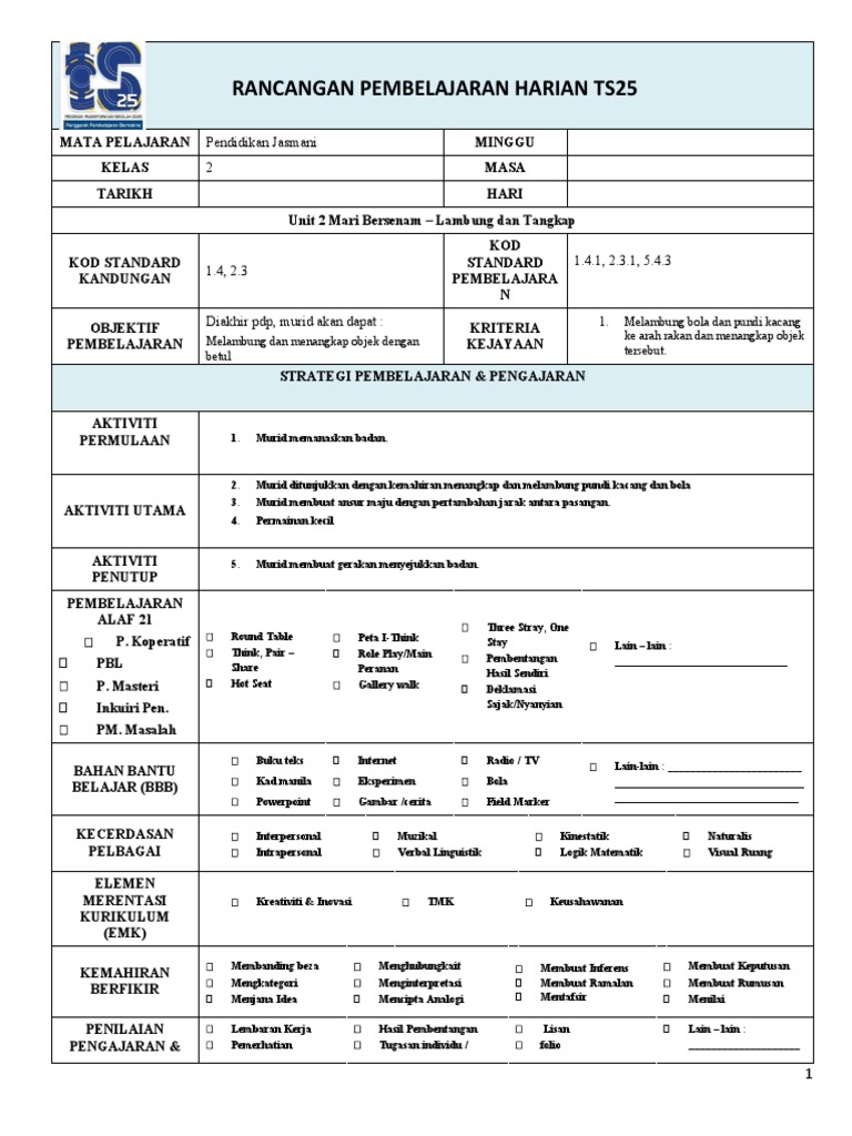 RPH PJ Tahun 2 Unit 2 Mari Bersenam Lambung Dan Tangkap | PDF