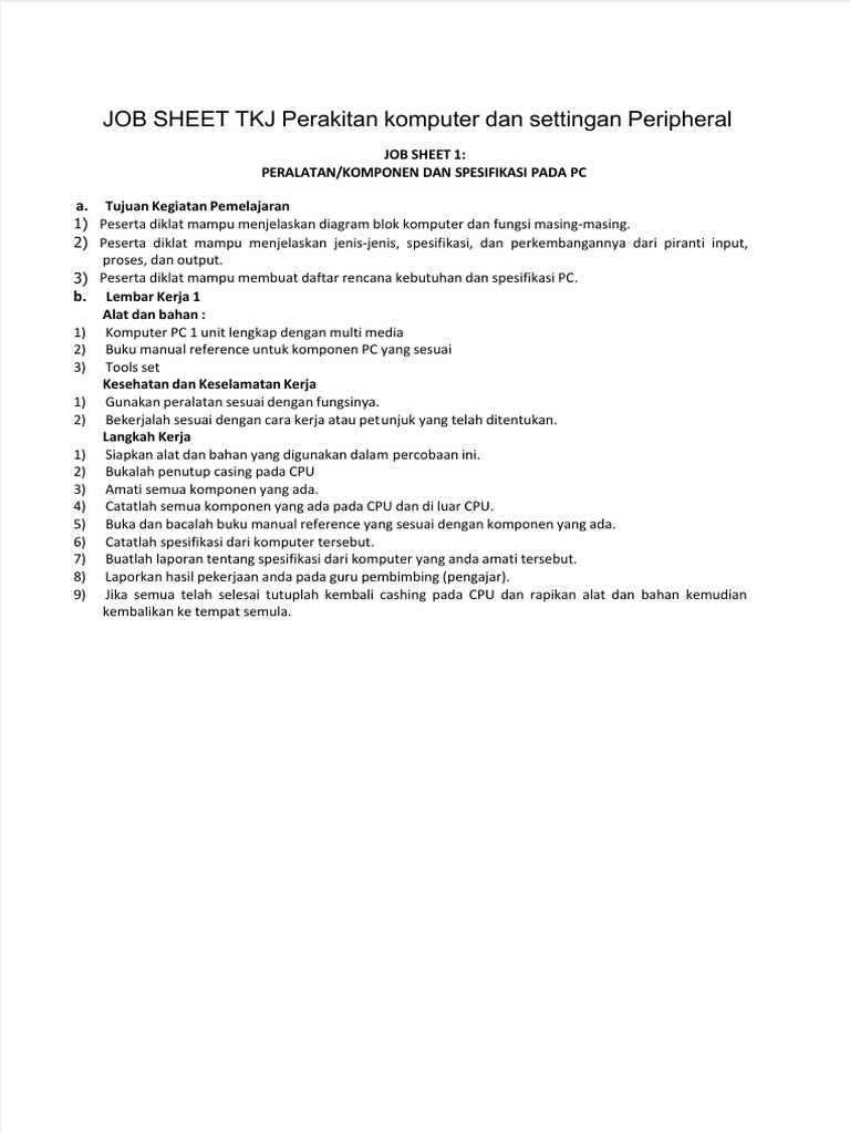 Dokumen - Tips Job Sheet TKJ Perakitan Komputer Dan Settingan Peripheral | PDF