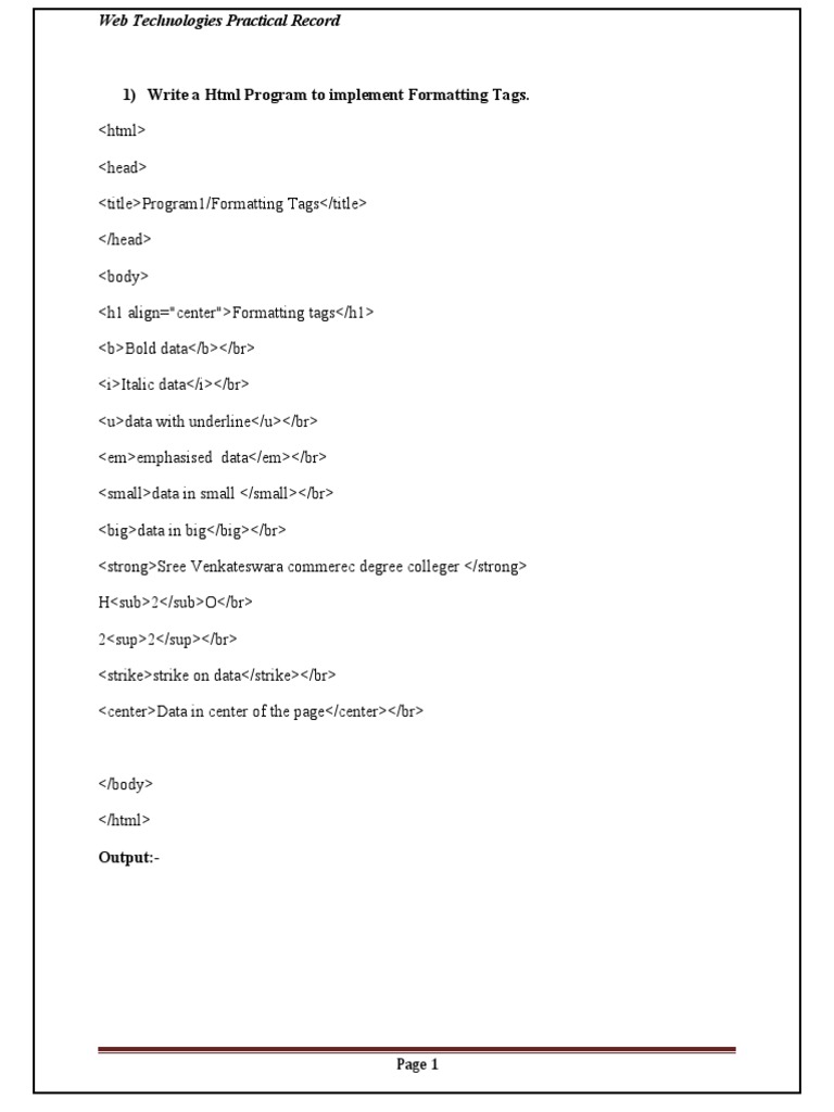 1) Write A HTML Program To Implement Formatting Tags | PDF | Dynamic ...