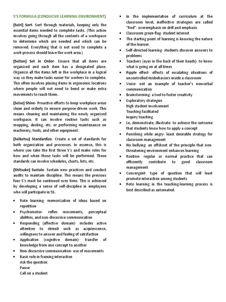 5'S Formula (Conducive Learning Environment) | PDF | Learning ...