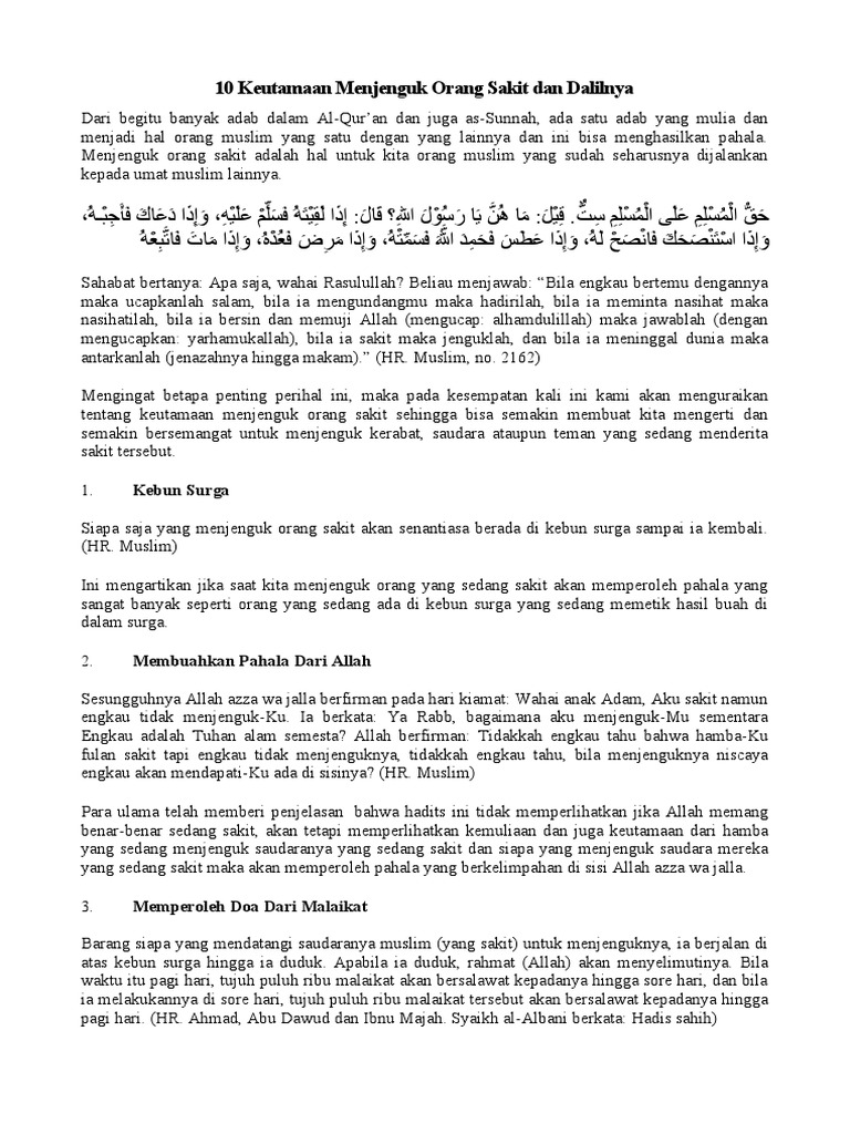 10 Keutamaan Menjenguk Orang Sakit Dan Dalilnya | PDF