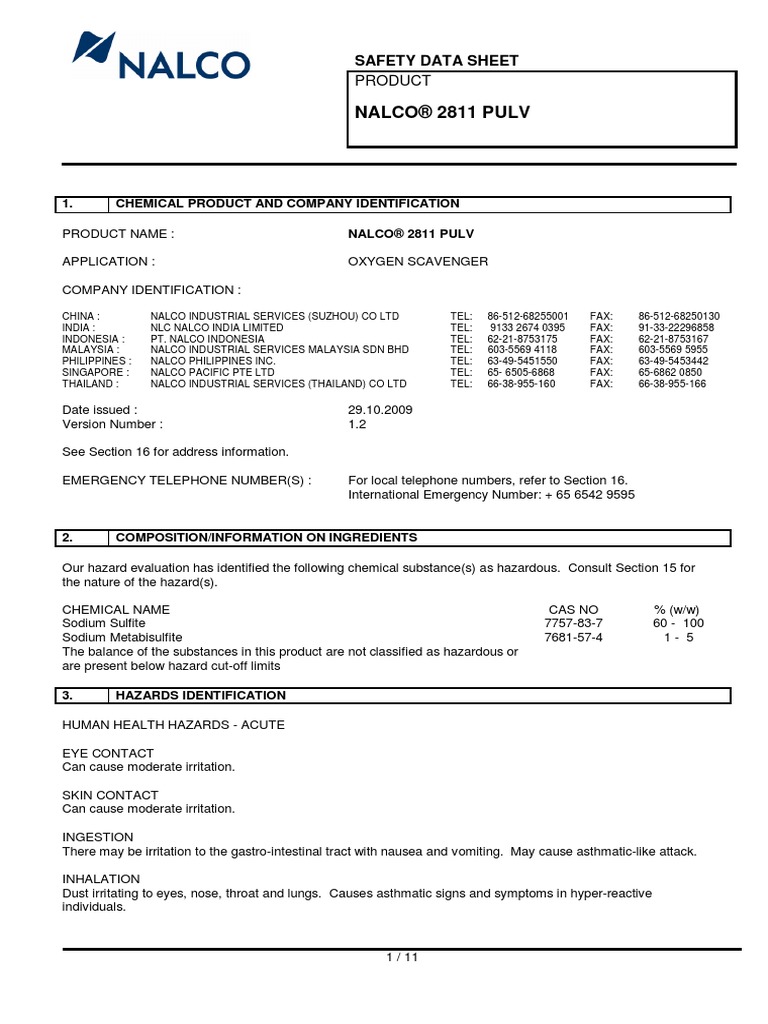 Nalco 2811 Pulv Otcueg | PDF | Dangerous Goods | Sulfur Dioxide