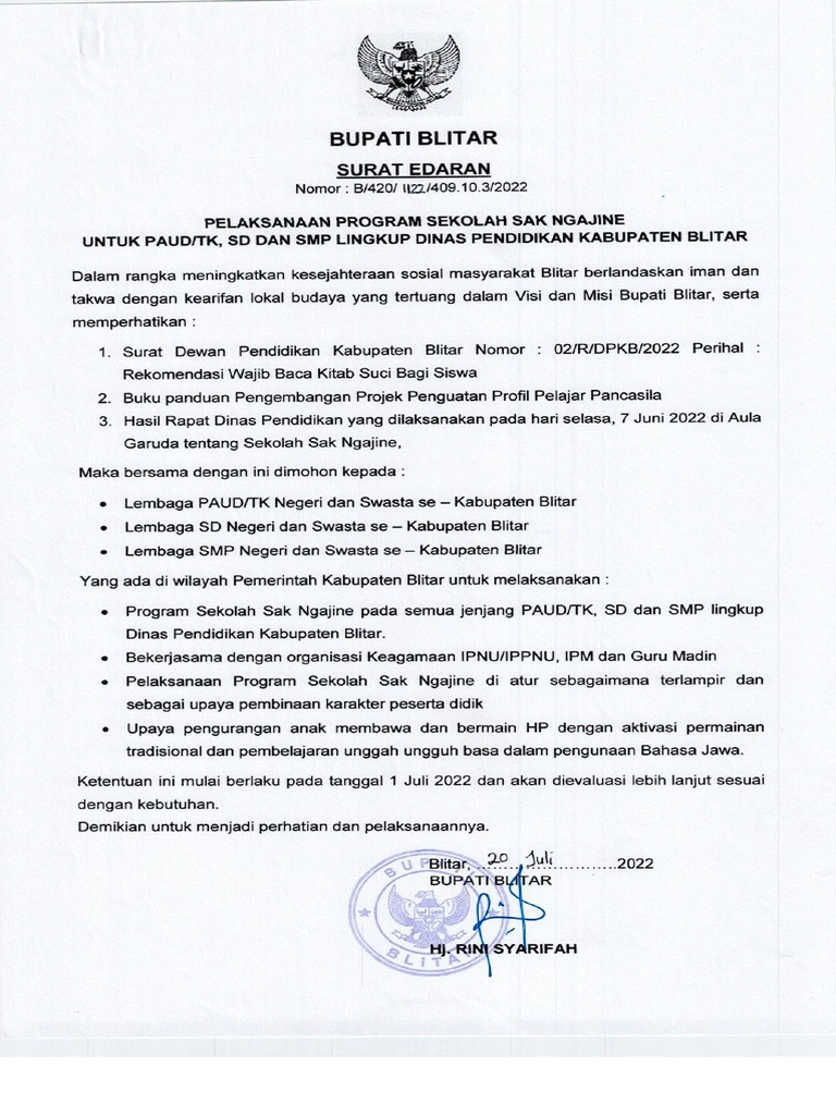 Surat Edaran Pelaksanaan Program Sekolah Sak Ngajine | PDF