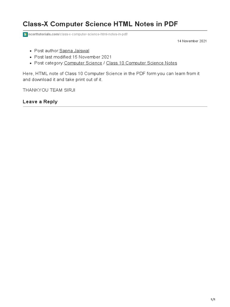 Class-X Computer Science HTML Notes in PDF | PDF