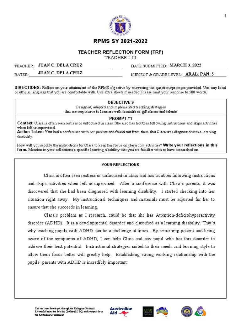 Teacher Reflection Form Examples | PDF