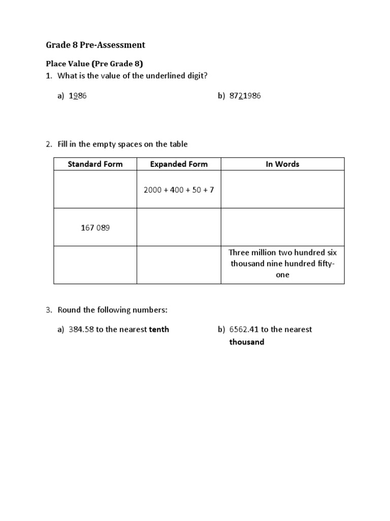 Grade 8 Pre Assessment | Download Free PDF | Numbers | Mathematical ...
