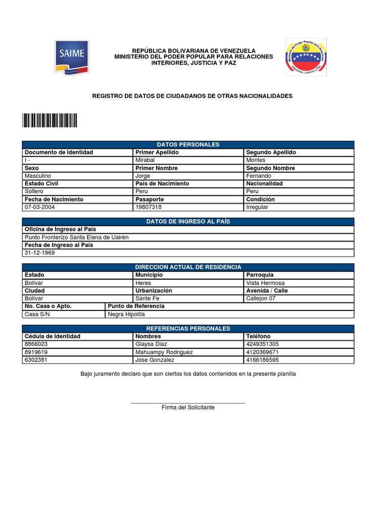 Planilla Saime | PDF | Gobierno y personalidad