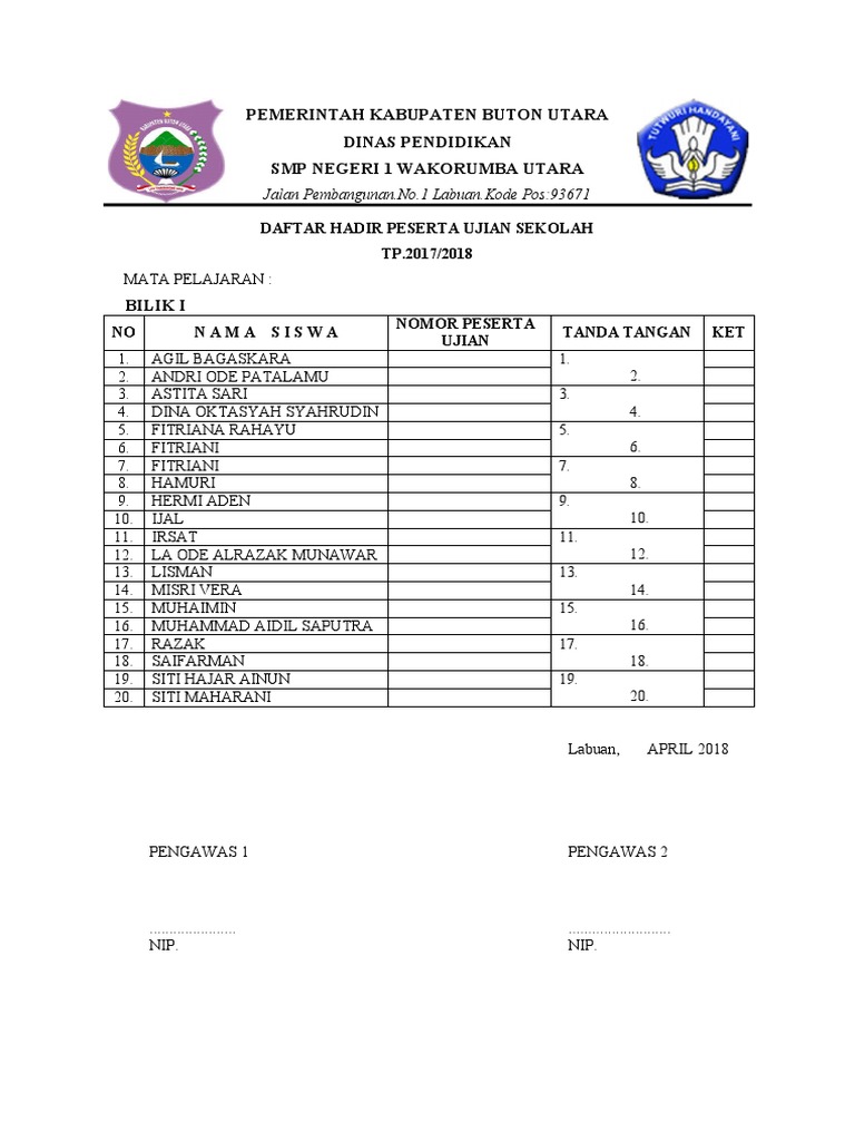 Daftar Hadir Ujian Sekolah | PDF