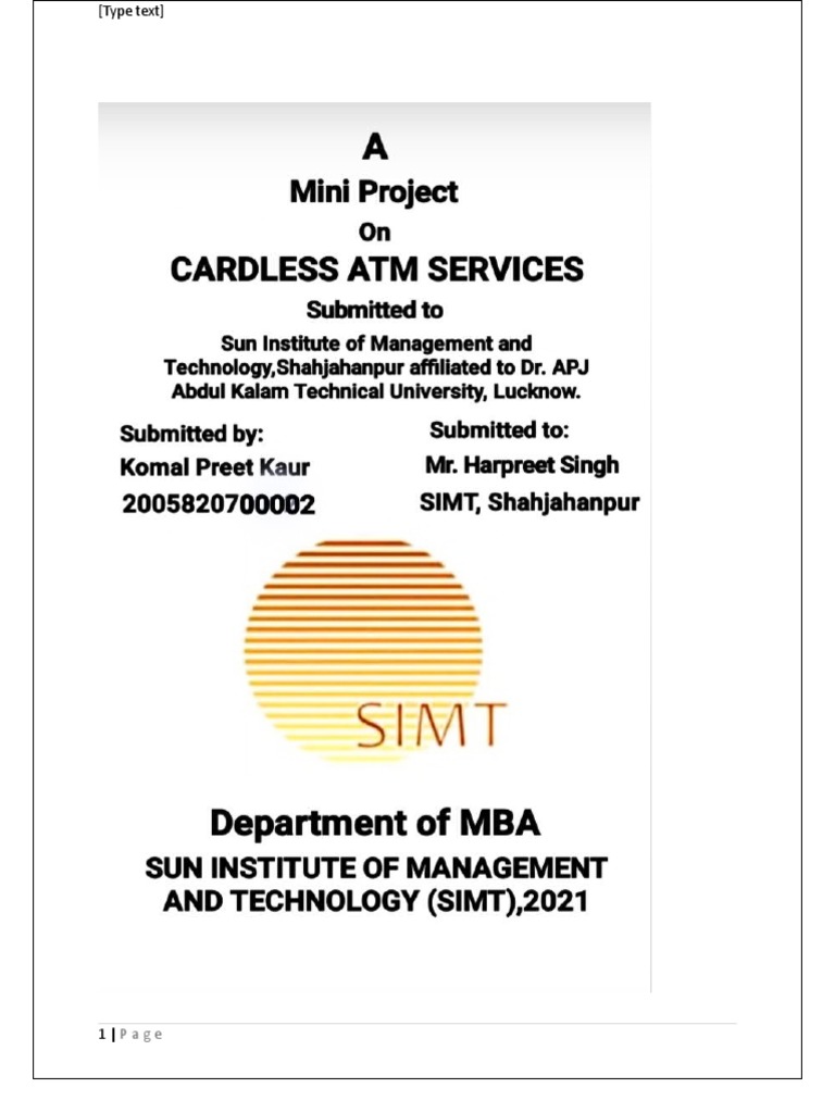 Mini Project On Cardless Atm Services By Komal Preet Kaur Pdf