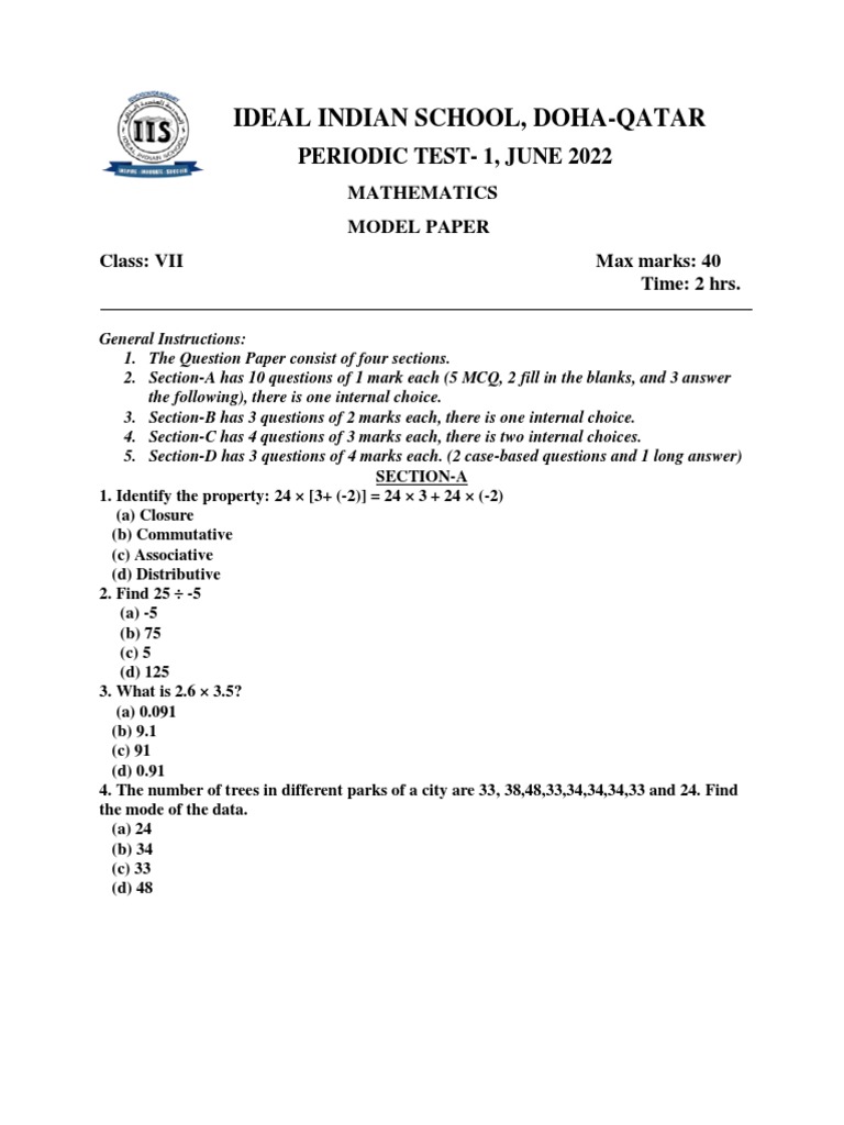 PT-1, Mathematics Model Paper-Class 7 | PDF | Area | Mathematics