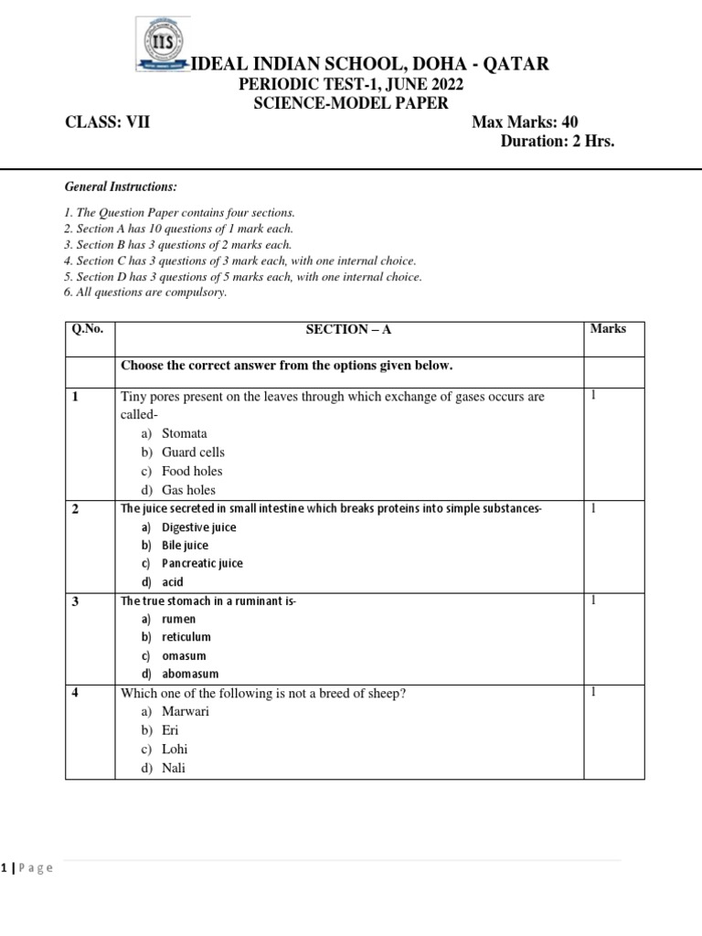 Class 7-Model Qp-Science PT1 | PDF | Digestion | Stomach