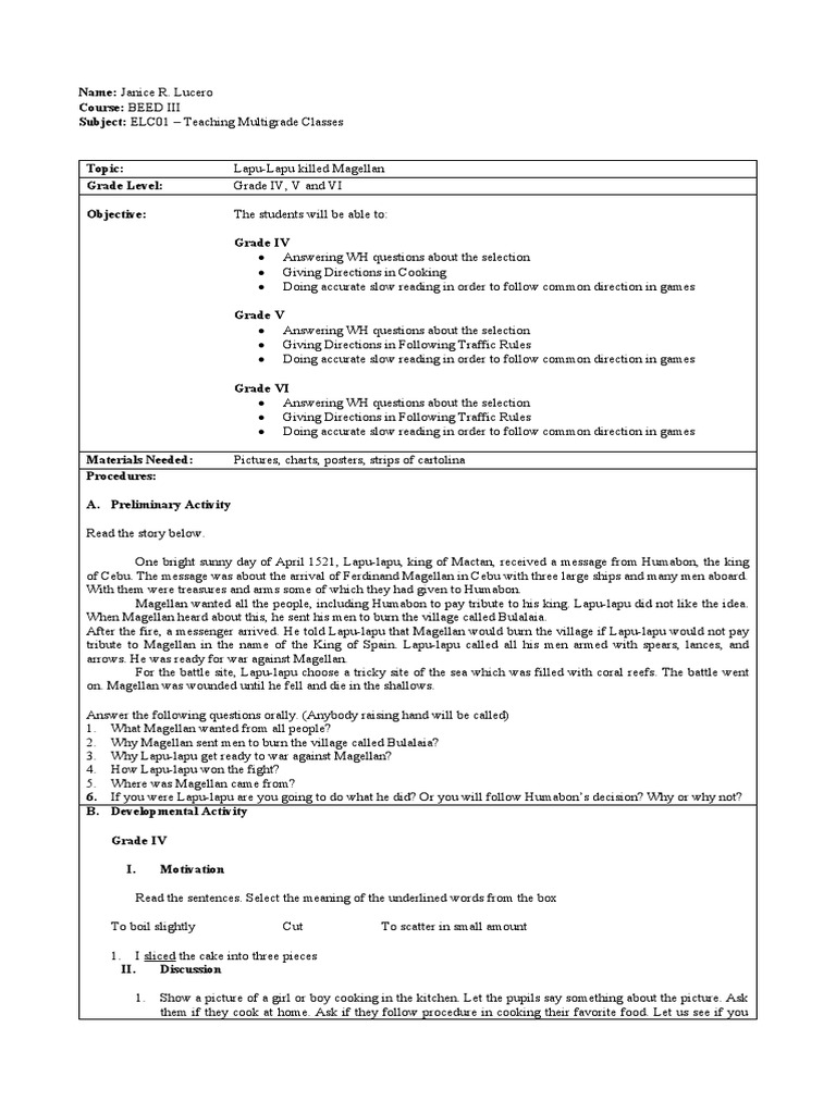Multigrade Lesson Plan in English IV, V, VI | PDF