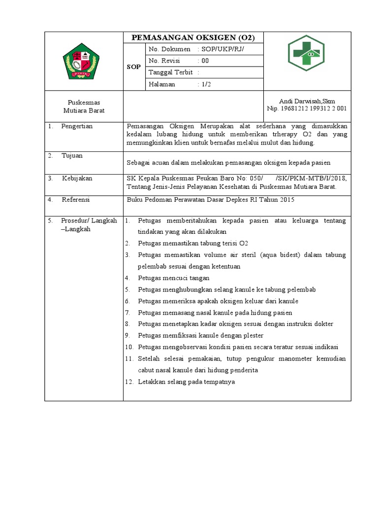 010 Sop Pemasangan Oksigen O2 | PDF