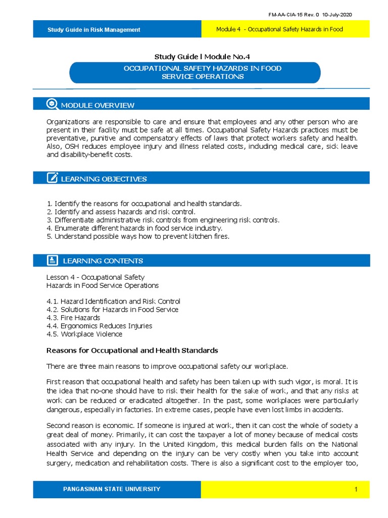 Occupational Safety Hazards in Food Service Operations Module Overview ...