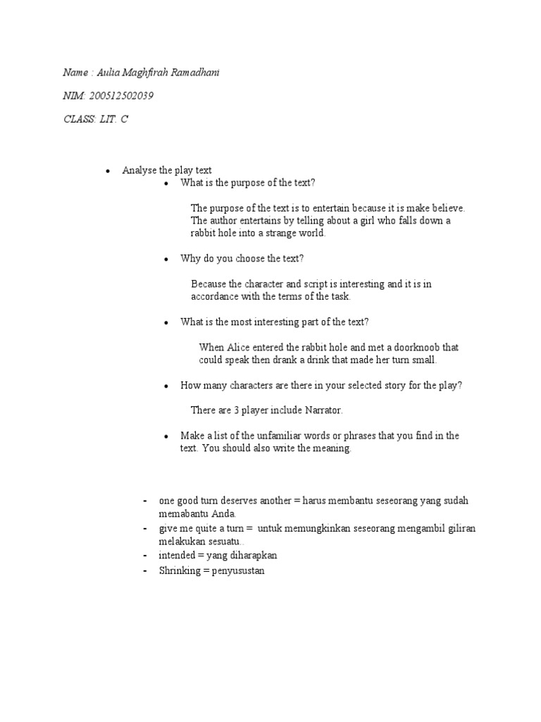 ALICE in WONDERLAND Analyse and Planning | PDF | Alice (Alice's ...