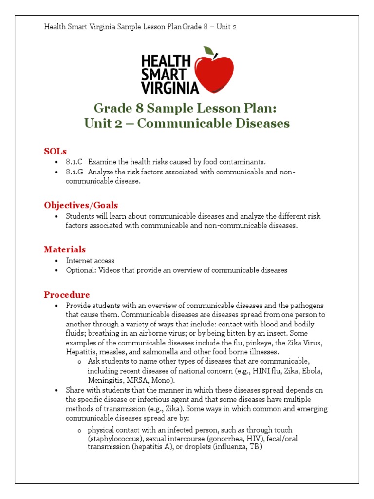 Grade 8 Sample Lesson Plan: Unit 2 - Communicable Diseases | PDF ...