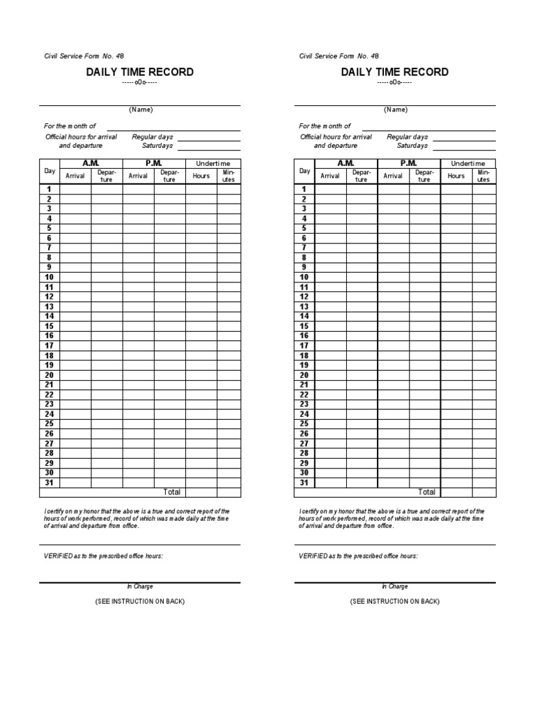 CSC Form 48 Daily Time Record (DTR) | PDF | Theoretical Computer Science | Theory Of Computation