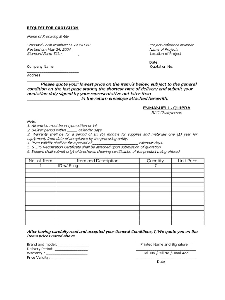 Request For Quotation: No. of Item Item and Description Quantity Unit ...