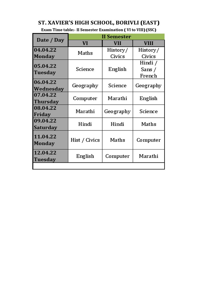 II Semester Exam Time Table Std. VI To VIII | PDF