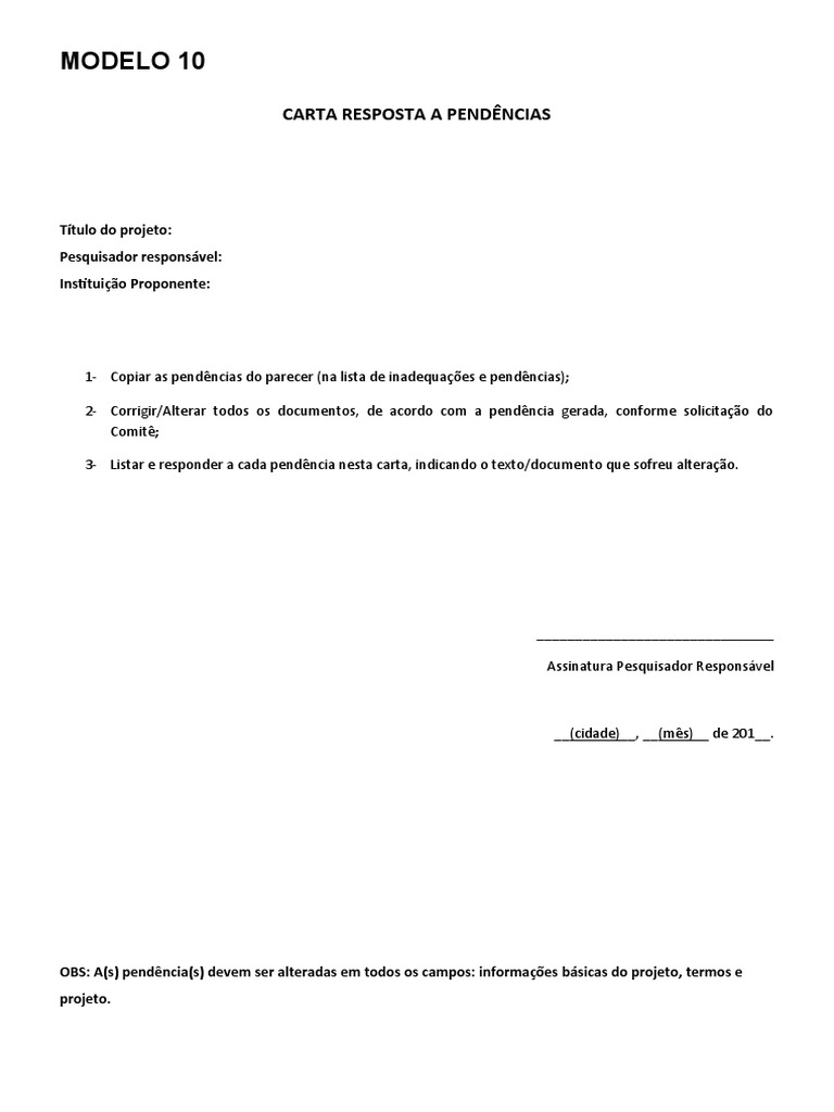 Carta Resposta A Pendências Modelo 10 | PDF