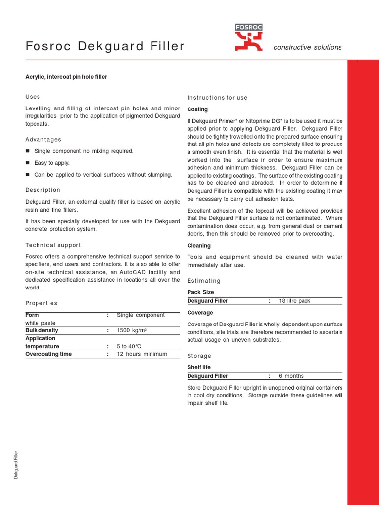 Fosroc Dekguard Filler: Acrylic, Intercoat Pin Hole Filler | PDF ...