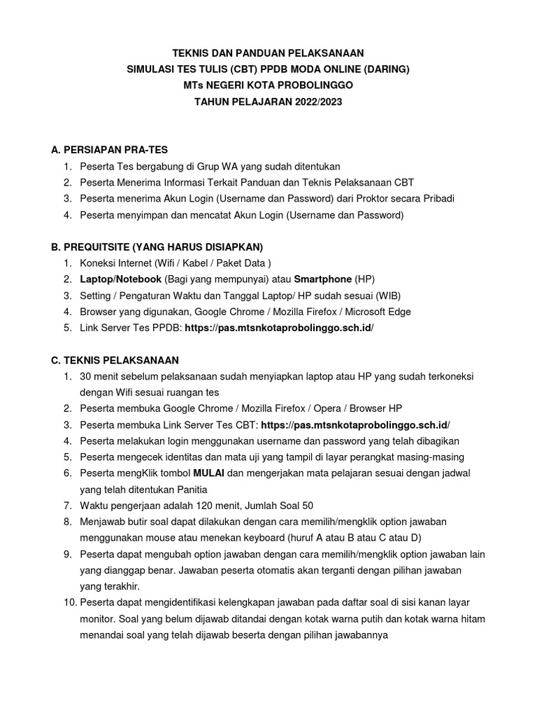 Panduan Uji Coba Tes PPDB 2022 | PDF