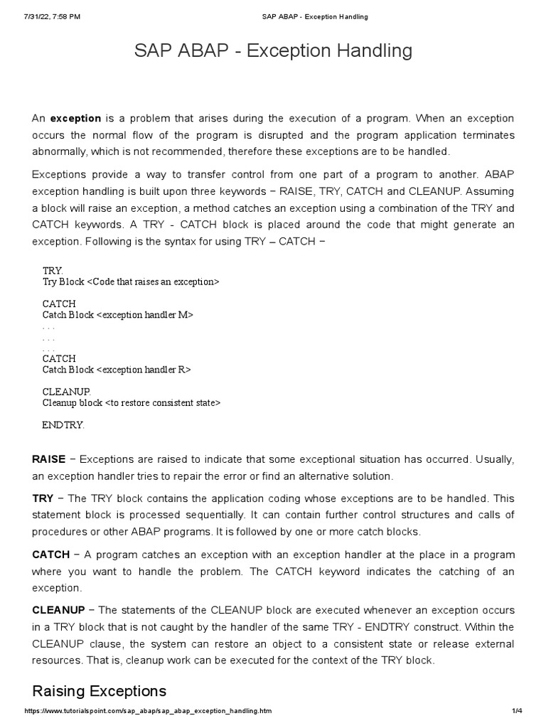 SAP ABAP - Exception Handling | PDF | Information Technology Management | Computer Engineering