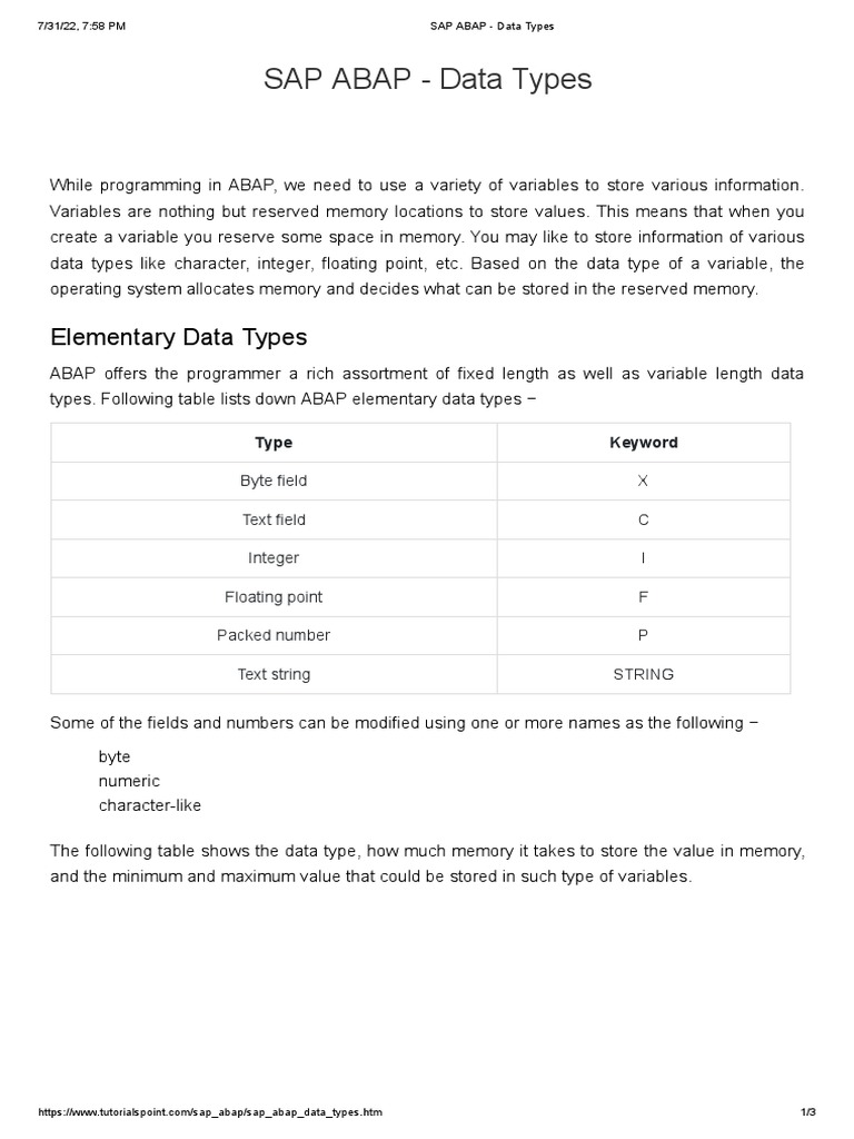 Sap Abap Data Types Pdf String Computer Science Data Type