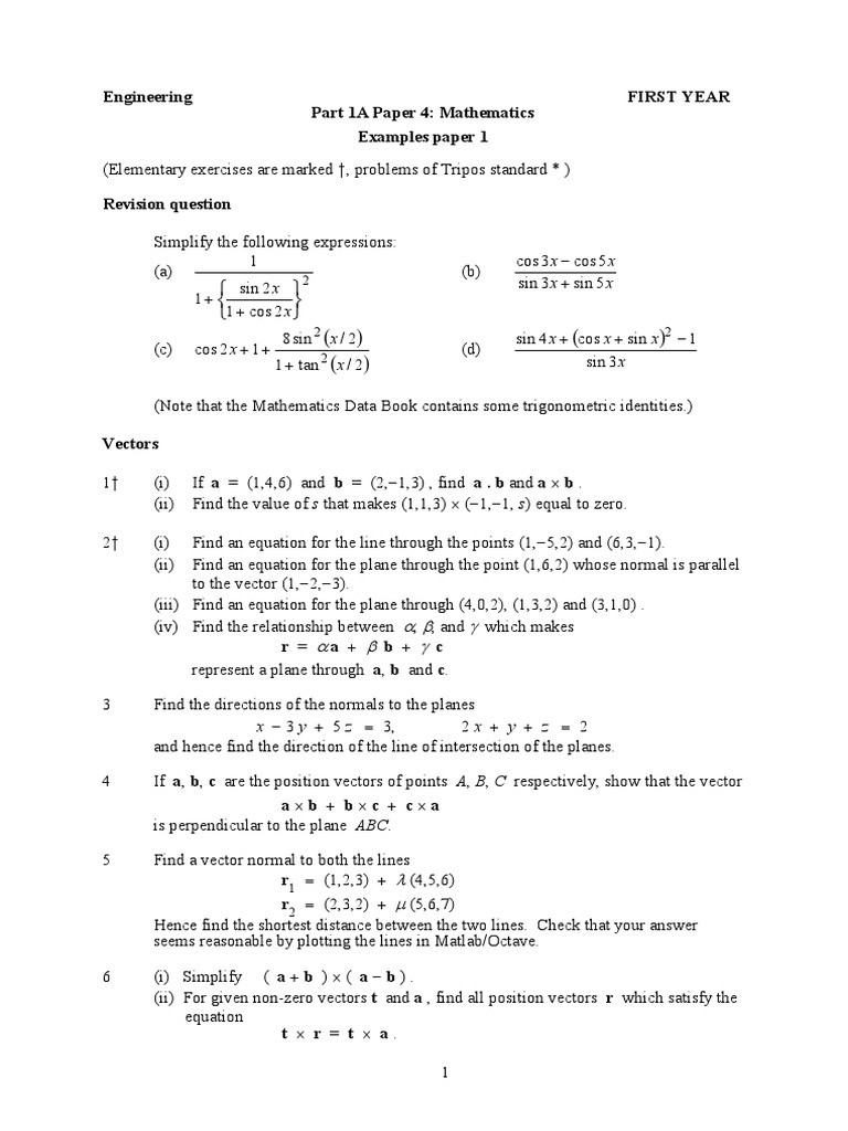 Engineering First Year Part 1A Paper 4: Mathematics Examples Paper 1 ...