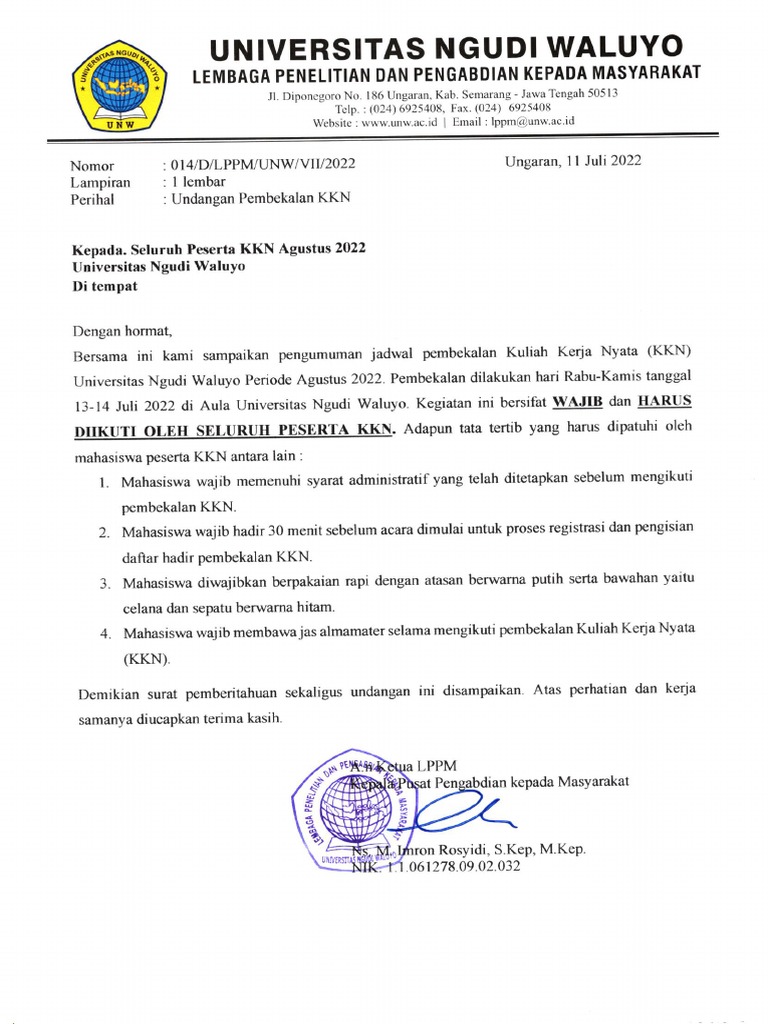 Surat Undangan Pembekalan Dan Pelepasan KKN 2022 | PDF