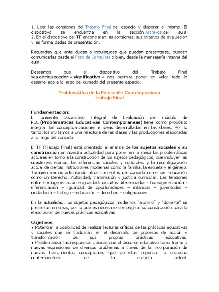 Trabajo Final Archivos: Problemática de La Educación Contemporánea Trabajo Final | PDF | Plan de ...
