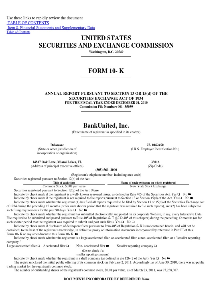 Bank United, FSB Form 10 K (Mar 31 2011) | PDF | Federal Deposit Insurance Corporation | Banks