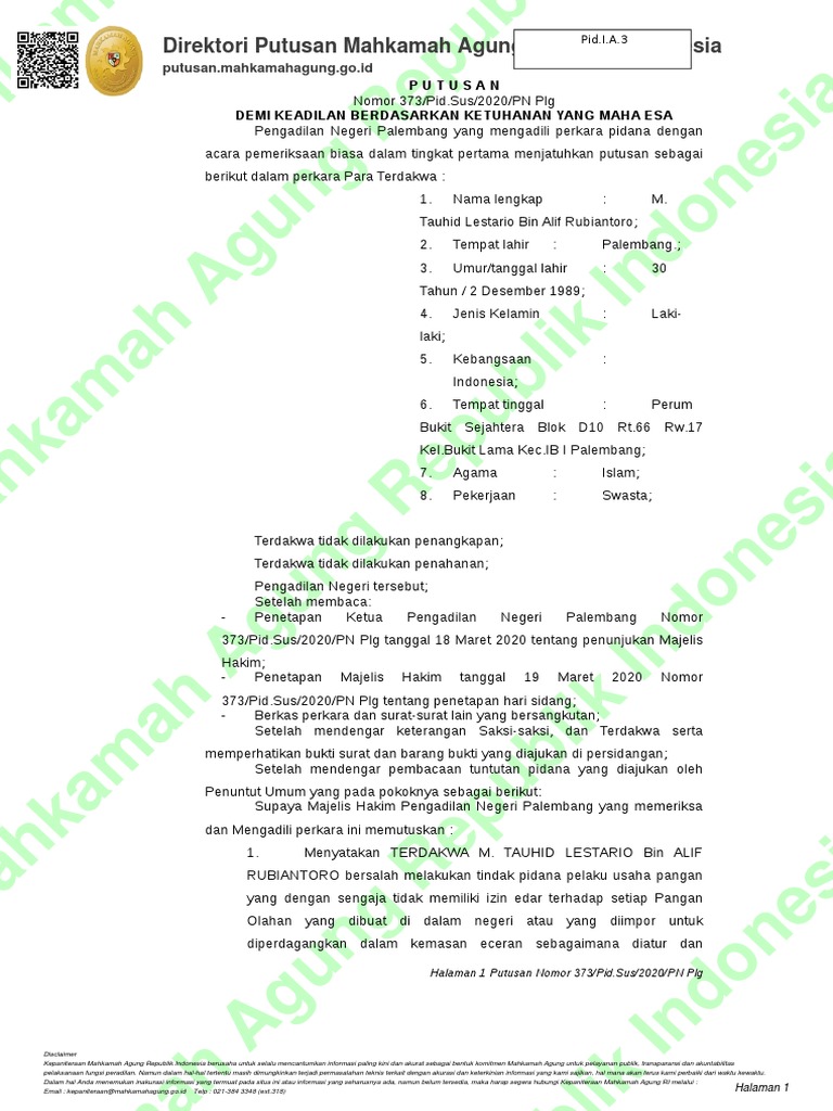 Putusan 373 Pid - Sus 2020 PN PLG 20220719132635 | PDF