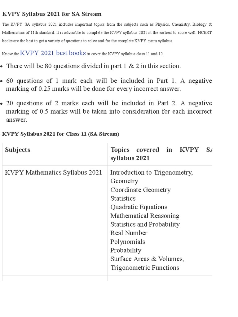 KVPY Syllabus 2021 - (SA, SB and SX) For Class 11 & 12 | PDF ...