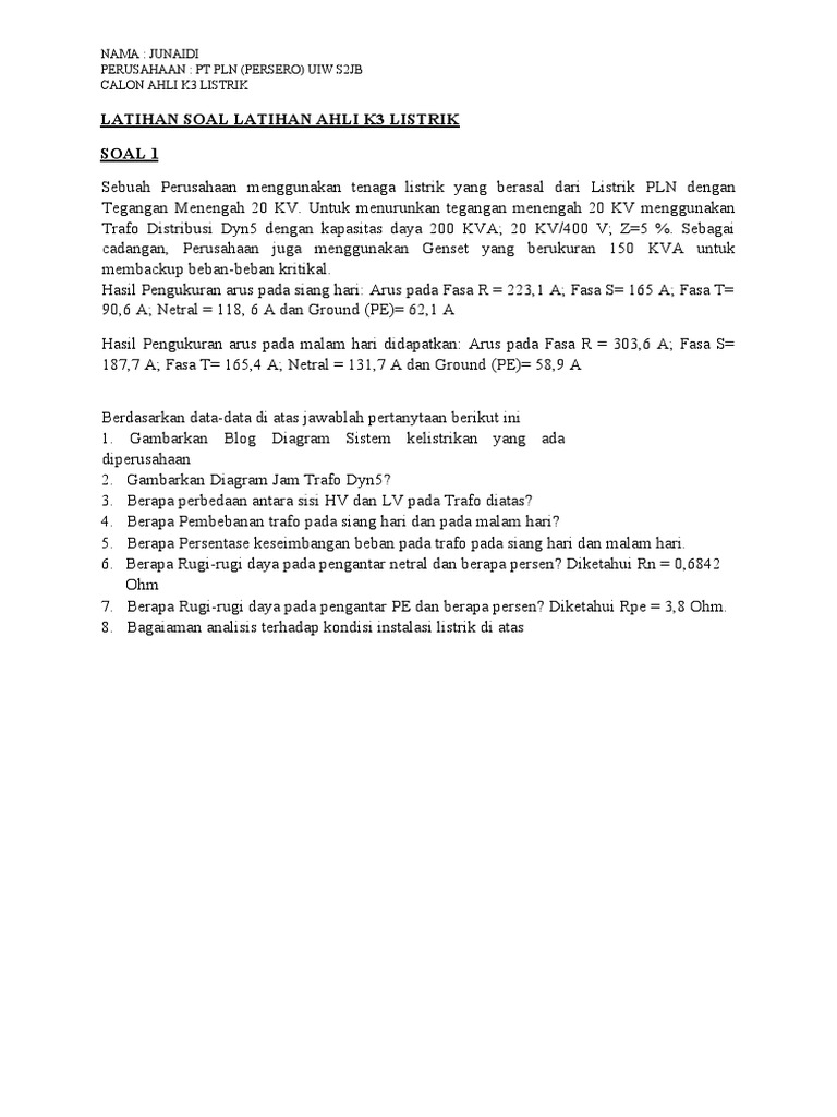 Junaidi-Latihan Soal Latihan Ahli K3 Listrik Esay | PDF