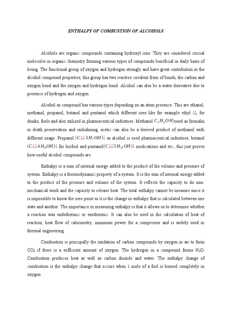Enthalpy of Combustion of Alcohols | PDF | Ethanol | Combustion