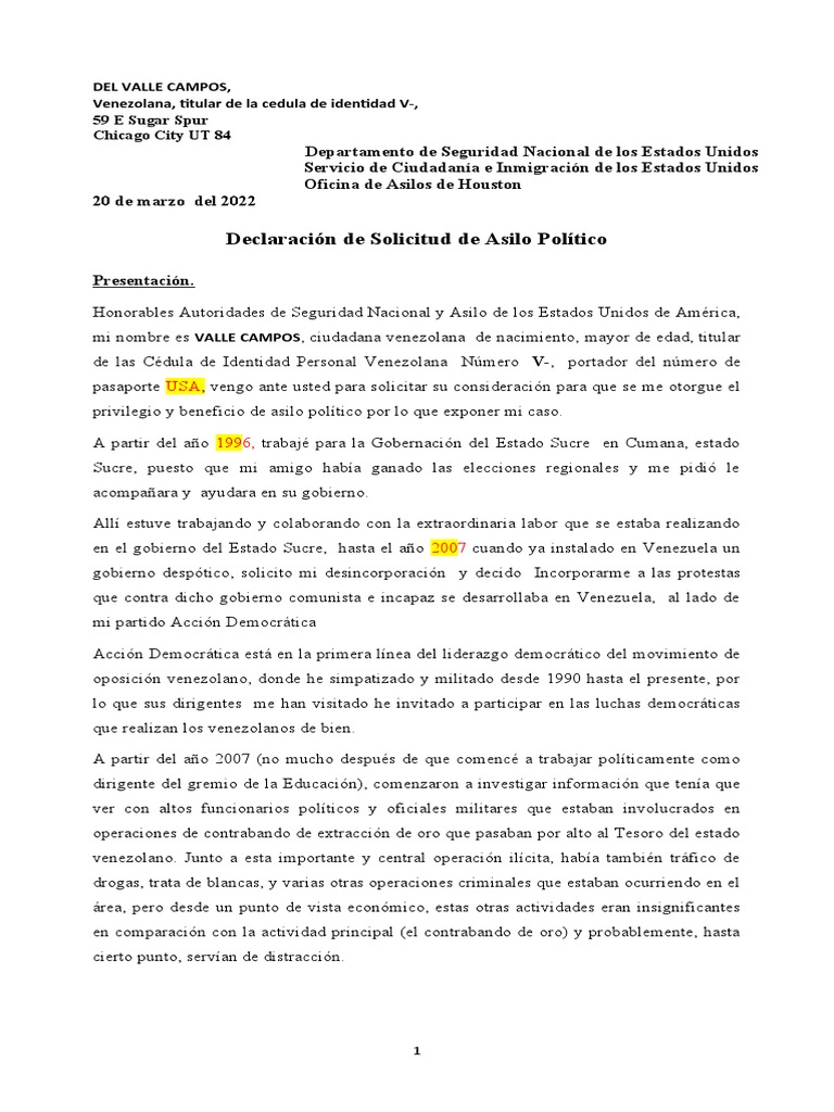Declaracion de Asilo Usa | PDF | Venezuela | Propiedad