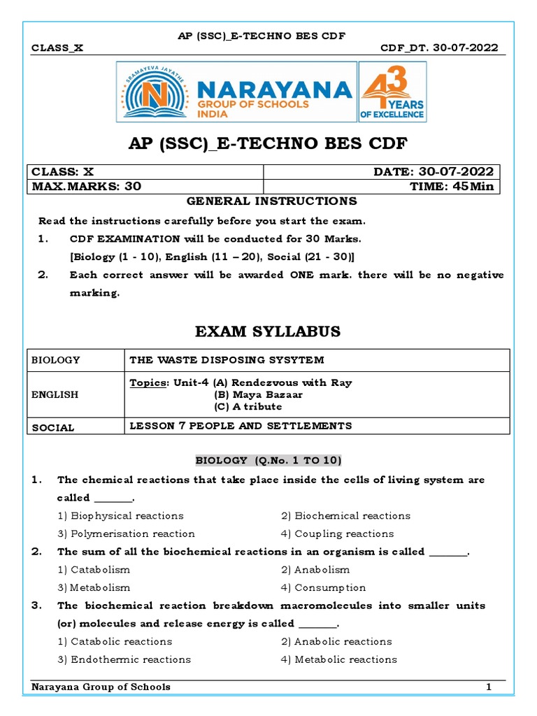 Ap (SSC) - E-Techno Bes CDF: Exam Syllabus | PDF | Excretion | Chemistry