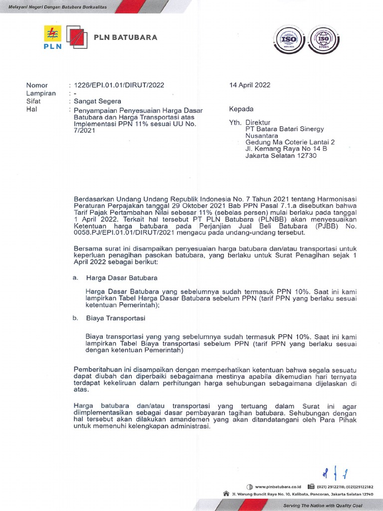 1226 Penyampaian Penyesuaian Harga Dasar Batubara Dan Harga Transportasi Atas Implementasi PPN ...