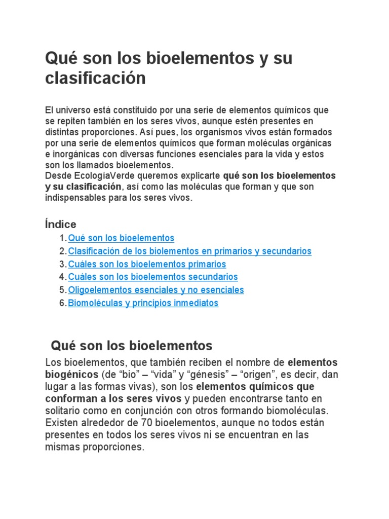 Qué Son Los Bioelementos y Su Clasificación | PDF | Biomoléculas ...