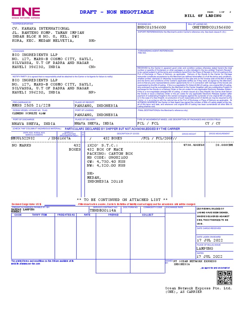 Non-Negotiable Bill of Lading Sample | PDF | Bill Of Lading | Cargo