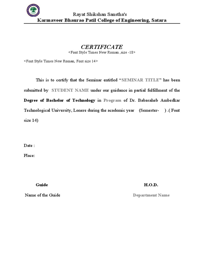 Seminar Certificate Front Page Format | PDF