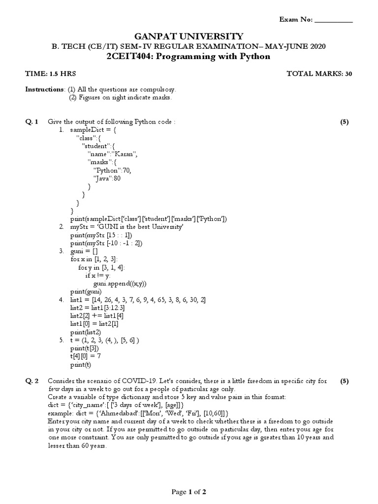 Ganpat University 2CEIT404: Programming With Python: B. Tech (Ce/It ...