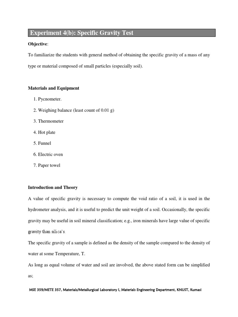 Specific Gravity Test Procedure for Soil | PDF | Density | Metrology