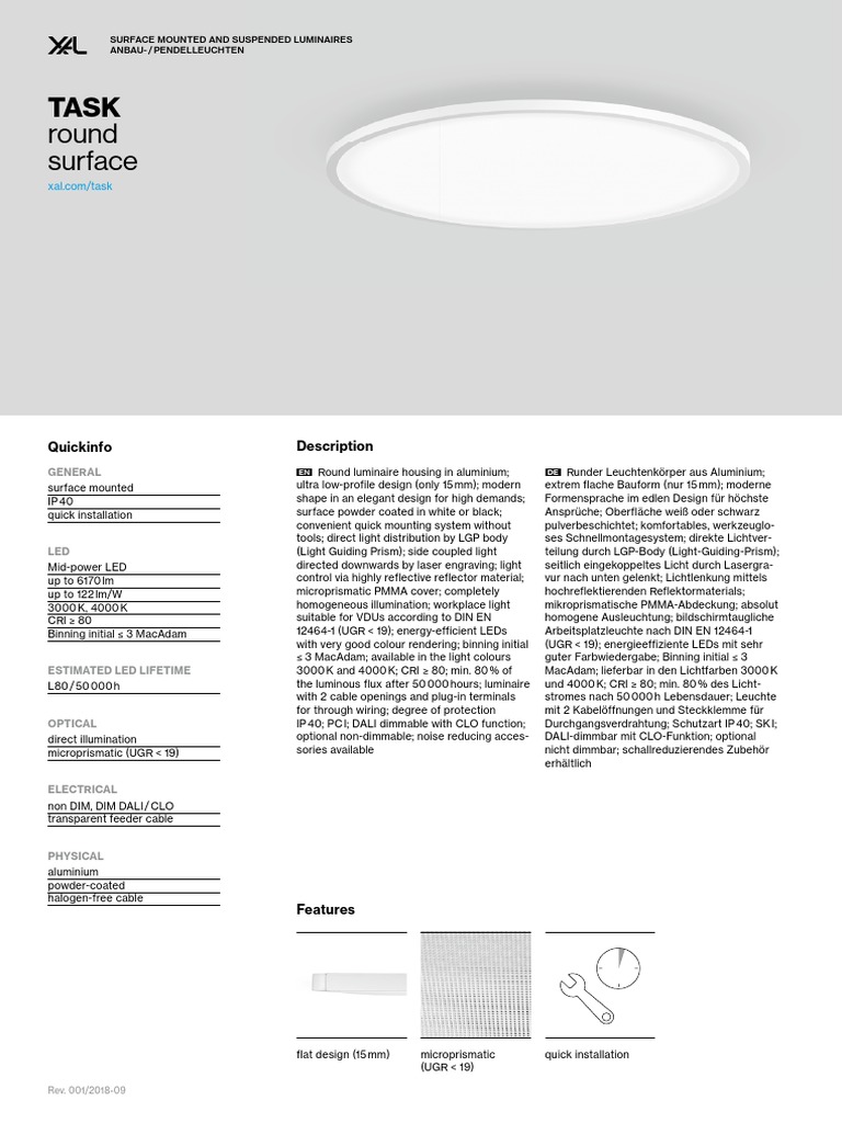 Lighting Ceiling-Mounted XAL TASK Round Surface 001 EN-DE | PDF