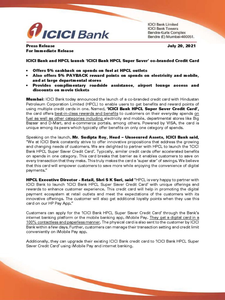 ICICI Bank and HPCL Launch ICICI Bank HPCL Super Saver Co Branded ...